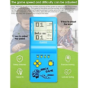 HLF 3.5-inch Large Screen Retro Brick Game Console for The 80s/90s Building Block Game Racing/Tank Game Built-in 23 Classic Games Nostalgic Puzzle Children's Game Console (Blue)