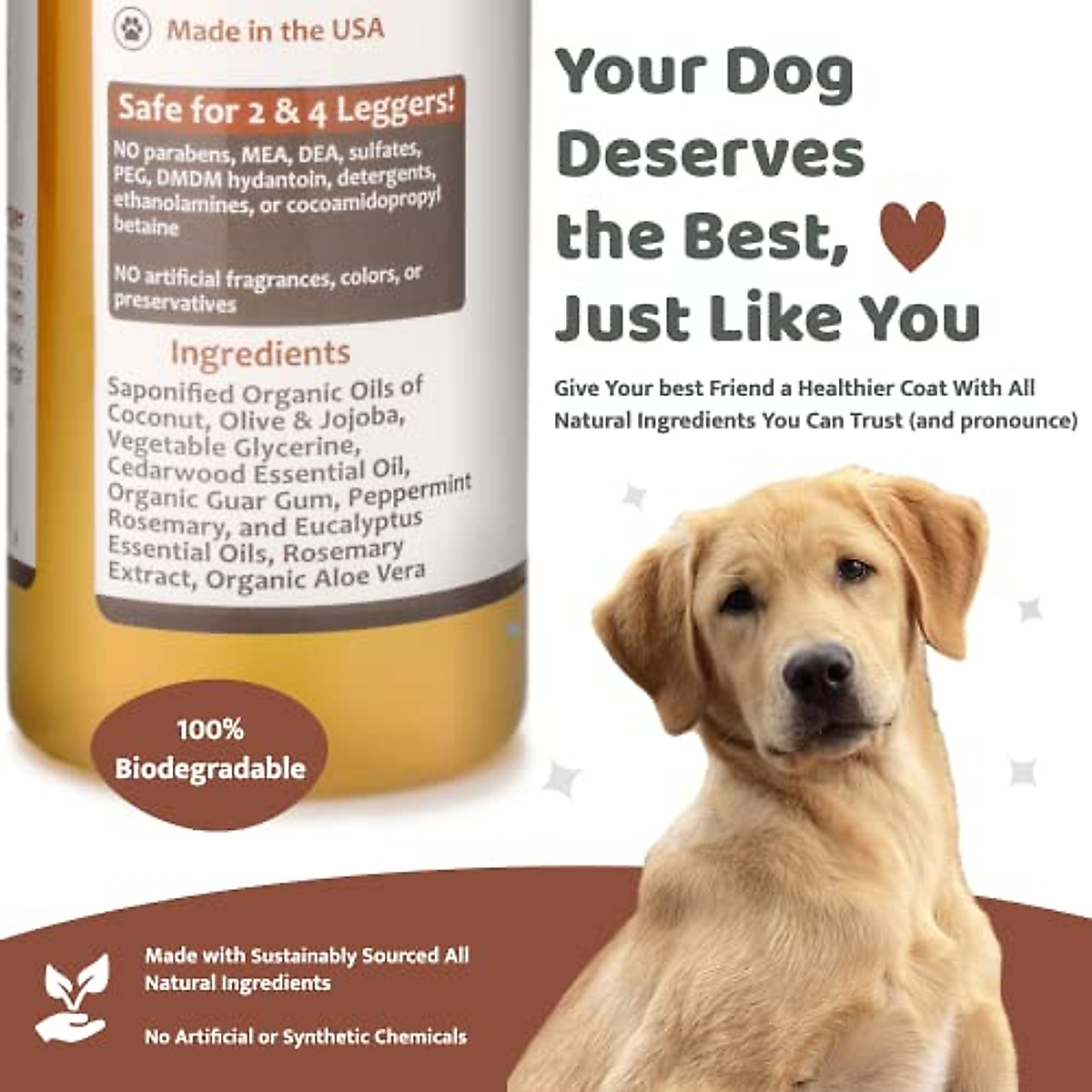 4Legger Organic Dog Shampoo and Conditioner USDA Certified - All Natural Concentrated Cedar Dog Shampoo with Peppermint, and Eucalyptus - Dog Shampoo for Itchy Skin - Dog Shampoo for Smelly Dogs 16 oz