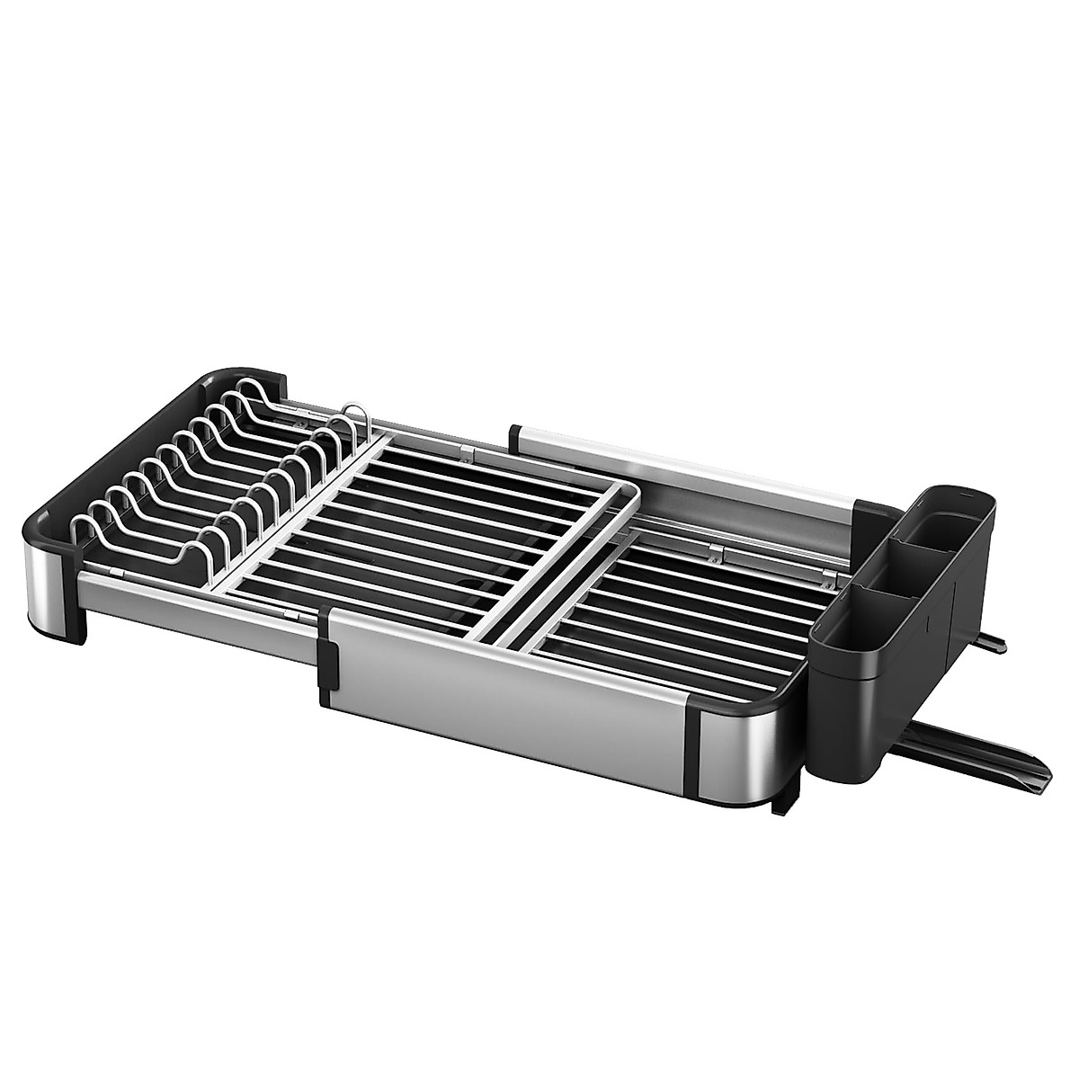 Dish Drying Rack, Kitchen Counter Dish Drainer Rack Auto-Drain, Expandable (14.8 to 22.2 inch) Rustproof Aluminium Large Sink Dish Strainer with Dish Drying Mat and Utensil Holder, Silver