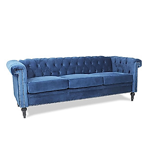 KUVENQIW Modern Chesterfield Sofa Fabric Couch.Button Tufted Nailhead upholstered Three-Seater Sofa for Living Room, Bedroom, Office Lounge.Comfortable and Durable.(Blue)