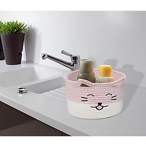 Small Woven Cotton Rope Storage Basket,2 Pack Cute Cat Cotton Rope Baskets with Handle,Baby Nursery Organizer for Toy Storage Bin | Pet Gift Basket for Cat,Dog,10 x 10 x 7 Inch