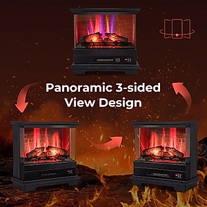 Tangkula 27 Inches Electric Fireplace Heater, Freestanding No Assembly Fireplace Stove with Remote Control, 3-Sided View, 7 Flame Effects, Overheat Protection, CSA Certified, 6H Timer, 1400W (Black)