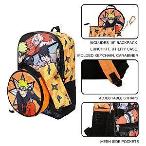 Naruto Anime Character Print Orange and Black 5-Piece Backpack Set For Boys