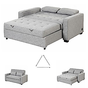 Gynsseh Pull Out Sofa Sleeper, 3 in 1 Convertible Sleeper Bed with Dual USB Ports and 2 Pillows, Linen Upholstered Adjustable Loveseat Couch for Living Room (Light Gray),Full Size