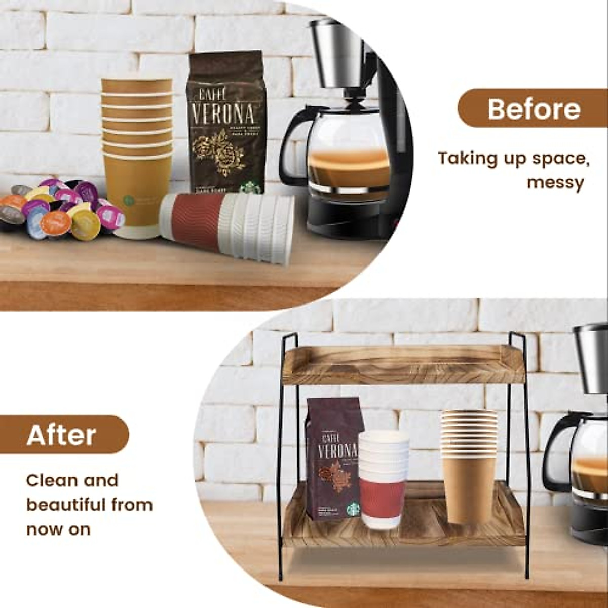 QUALLON Coffee Bar Accessories and Organizer, Coffee Station Organizer 2 Tier Bathroom Counter Organizer, Wood Coffee Tray, Bathroom Vanity Organizer, Countertop Shelf for Kitchen, Coffee Lover
