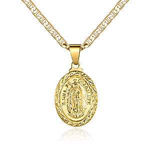 Barzel 18K Gold Plated Flat Mariner/Marina Chain Necklace With Virgin Mary Guadalupe Charm Pendant 3MM (20)