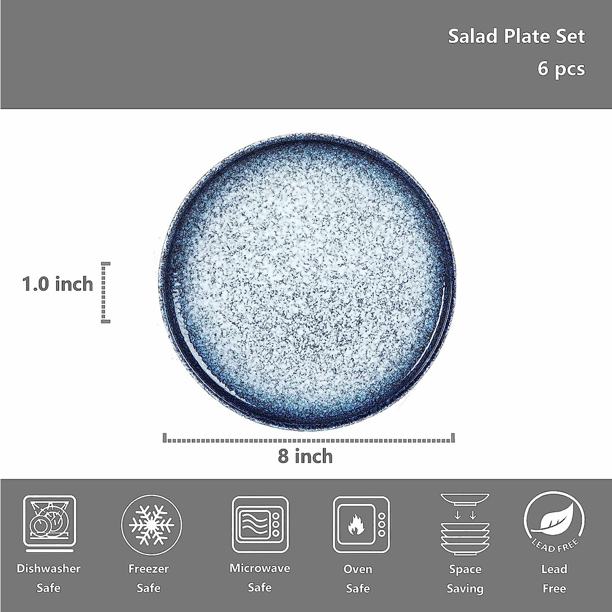 S&Q'S CERAMICS S&Q Ceramic Dinner Plates Set of 6, 10.5 inch Ceramic Stoneware Dinnerware Serving Dishes for Kitchen, Microwave and Dishwasher Safe, Scratch Resistant (Dark Blue)