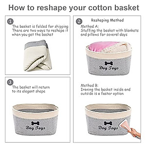 Morezi Soft Rope Dog Toy Basket with Handle, Large Dog bin, pet Bed, pet Toy Box- Perfect for organizing pet Toys, Blankets, leashes - GreyWhite