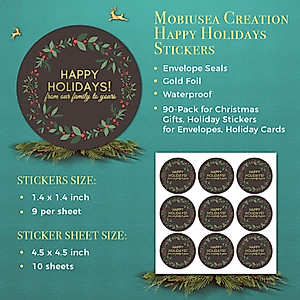 Mobiusea Creation Happy Holidays Stickers | Envelope Seals | 1.4 inch | Gold Foil | Black Wreath Christmas Stickers | Waterproof | 90-Pack for Christmas Gifts, Envelopes, Holiday Cards