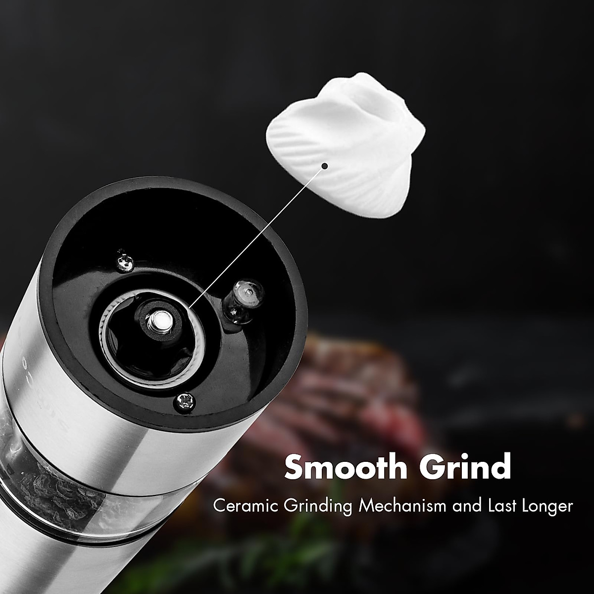 SimCoker Electric Salt and Pepper Grinder Set, Battery Operated Stainless Steel Pepper Grinder Mill Electric with Light, Automatic One Handed Operation, Adjustable Coarseness, Ceramic Grinder, 2 Pack