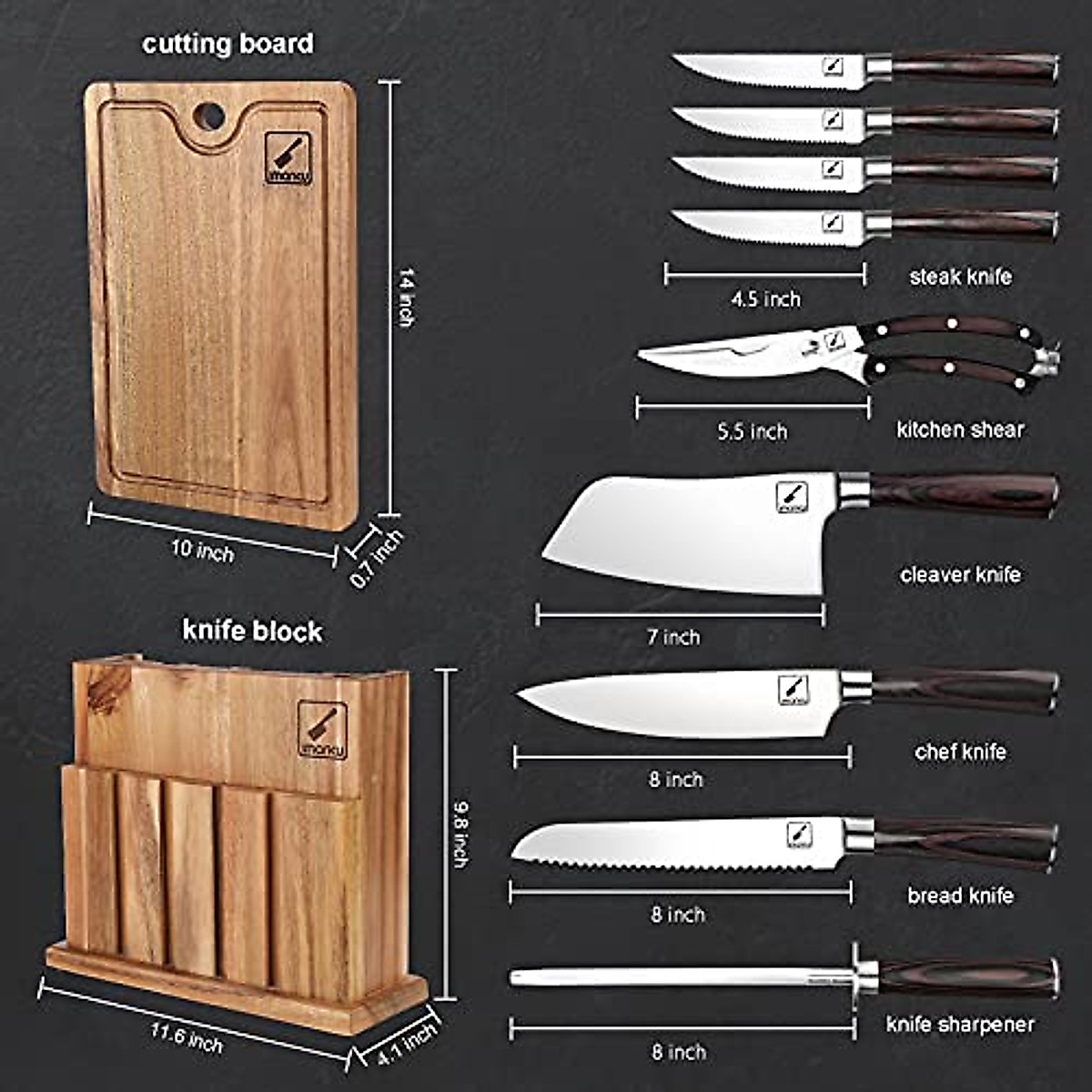 imarku Knife Set with Block, Cutting Board and Cleaver - Stainless Steel Kitchen Knife Set with Sharpener - Chef Knife Sets for Kitchen with Block - Set of 11