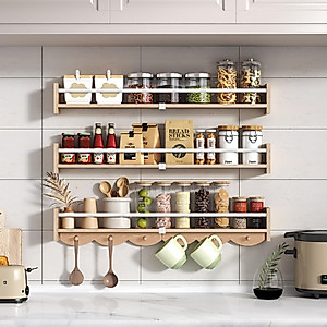 34Inch Nursery Bookshelves Wall Mounted,Wooden Floating Shelf Kids Coat Rack with 6Hooks,Hanging Shelf for Baby Nursery Room Décor, Set of 3 Burlywood