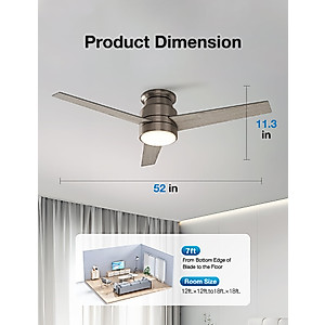 warmiplanet Flush Mount Ceiling Fans with Lights and Remote Control, 52-Inch,3 CCT Dimmable Light, Reversible Noiseless 6 Speeds DC Motor, Timer, Antique Nickel, 3-Blades