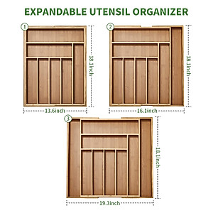 W WOODSUN Bamboo Kitchen Drawer Organizer, Utensil Tray Drawer Organizer, Expandable Flatware Organizer with Divider, Fit for Kitchen Bedroom Clothroom Readroom