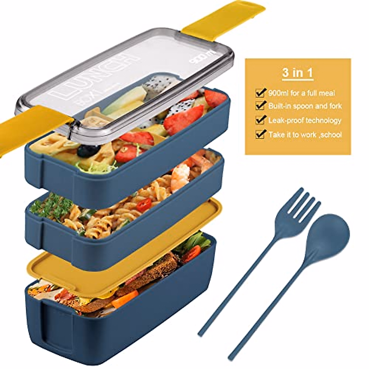 Iteryn Bento Box Lunch Box, 3-In-1 Compartment Lunch Containers - Wheat Straw, Leakproof Eco-Friendly Bento Lunch Box Meal Prep