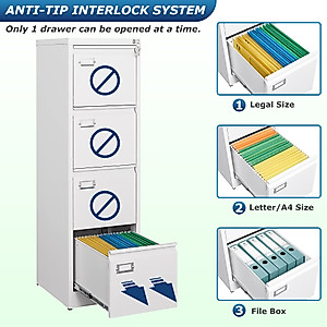 AFAIF 4 Drawer File Cabinet with Lock, Office File Cabinets for Home Office,18" Deep Metal Narrow Vertical Filing Cabinet, White File Cabinet Office Storage Cabinet Organizer fits Letter/Legal Size
