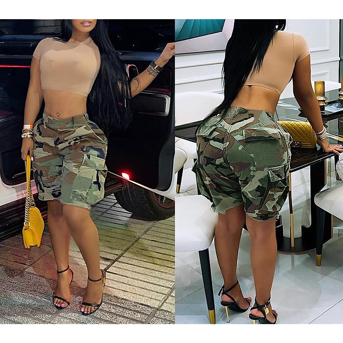 Vakkest Womens Camouflage Cargo Shorts Jogger Multi-Pocket Army Fatigue BF Plus Size Drawstring Cargo Short Pants