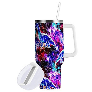 ODAWA 40oz Spill Proof Tumbler with Straw, Dinos Space Galaxy Steel Insulated Tumbler with Handle and Straw Lid