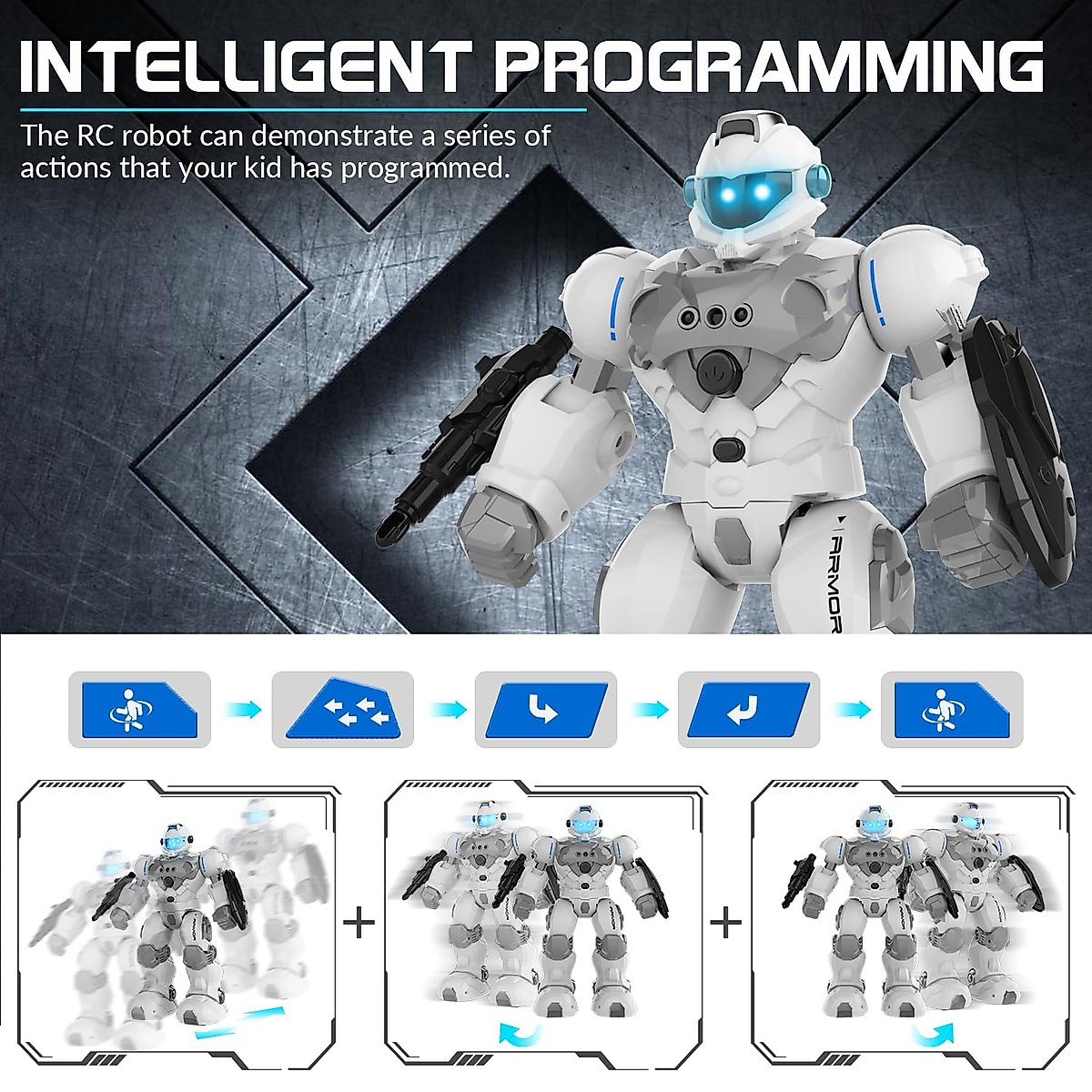 STEMTRON Robot Toys for Kids, Programmable Remote Control Robot with Intelligent Gesture Sensing, Recharge, Singing & Dancing Mode, Launcher (White)