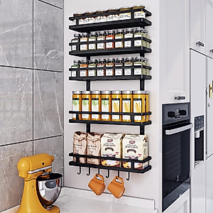 KAFAHOM Spice Rack Organizer Wall Mount, 5 Tier Height-Adjustable Hanging Spice Shelf Storage with 6 Hooks, Farmhouse Seasoning Organizer,Large Kitchen Wall Shelves for Cabinet, Wall, Pantry Door
