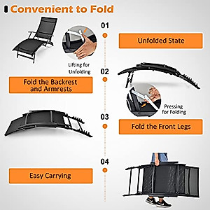 Giantex Set of 2 Patio Chaise Lounge Chairs, with 5-Level Adjustable Backrest, Armrests, Fast-Drying Fabric, Foldable and Stackable Lounger for Poolside, Backyard Outdoor Chaise Recliner,Black