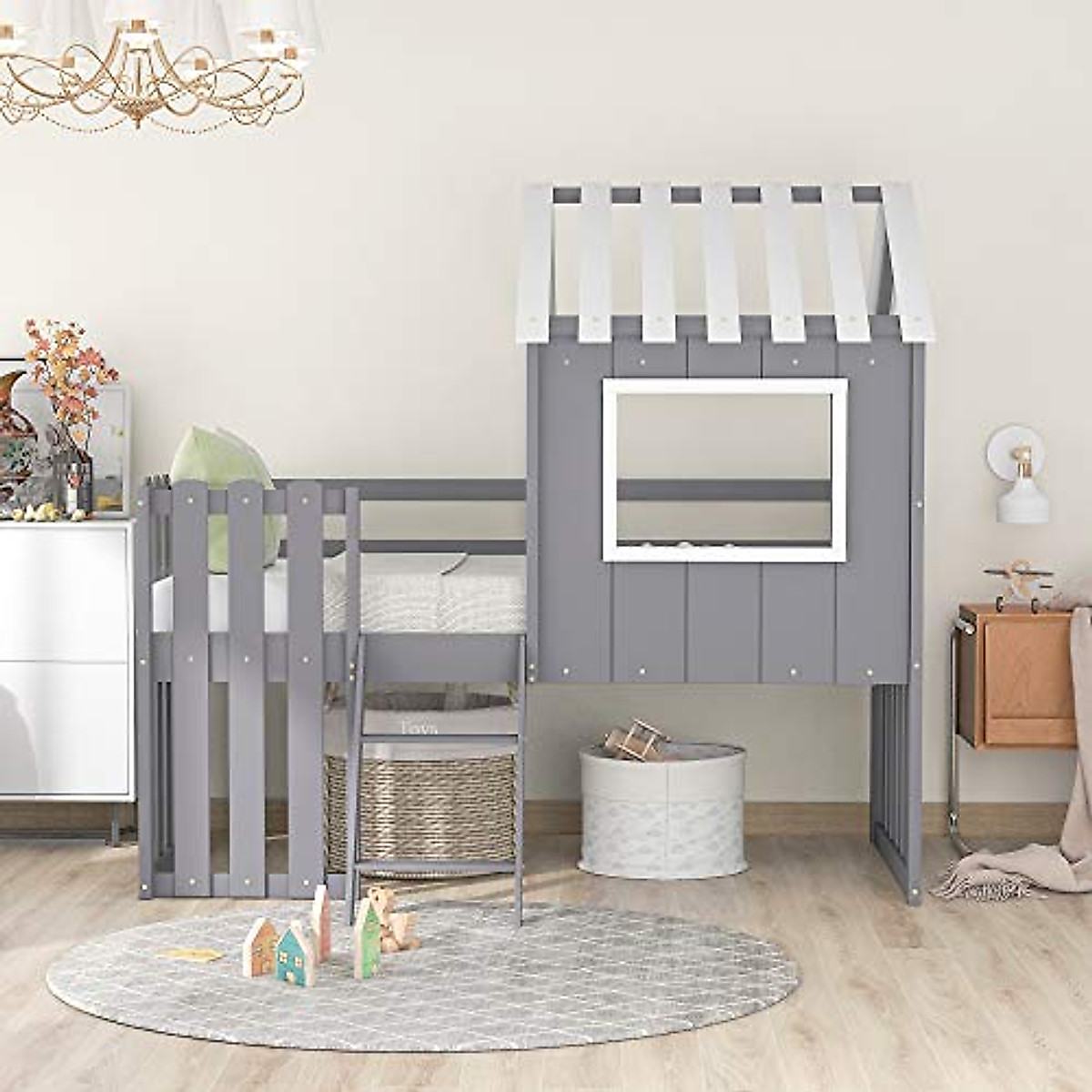 Twin Loft House Bed for Kids, Wooden Loft Beds with Rustic Fence-Shaped Guardrail/Ladder/Window/Roof for Teens Boys & Girls Bedroom (Gray-Loft House Bed)