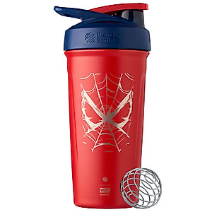 BlenderBottle Marvel Strada Shaker Cup Insulated Stainless Steel Water Bottle with Wire Whisk, 24-Ounce, Spiderman Web