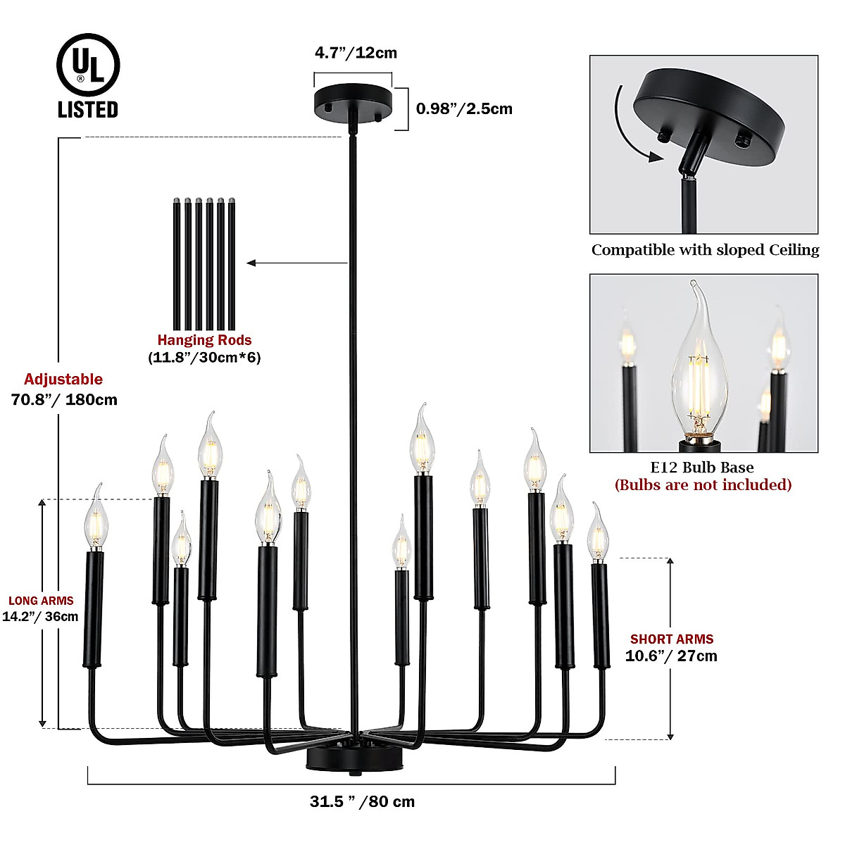 WOKNOS Modern Black Farmhouse Chandeliers, 12-Light Industrial Metal Chandelier Lighting, Classic Candle Hanging Pendant Light Fixtures for Living Room, Dining Room, Kitchen, Bedroom, Entryway-UL