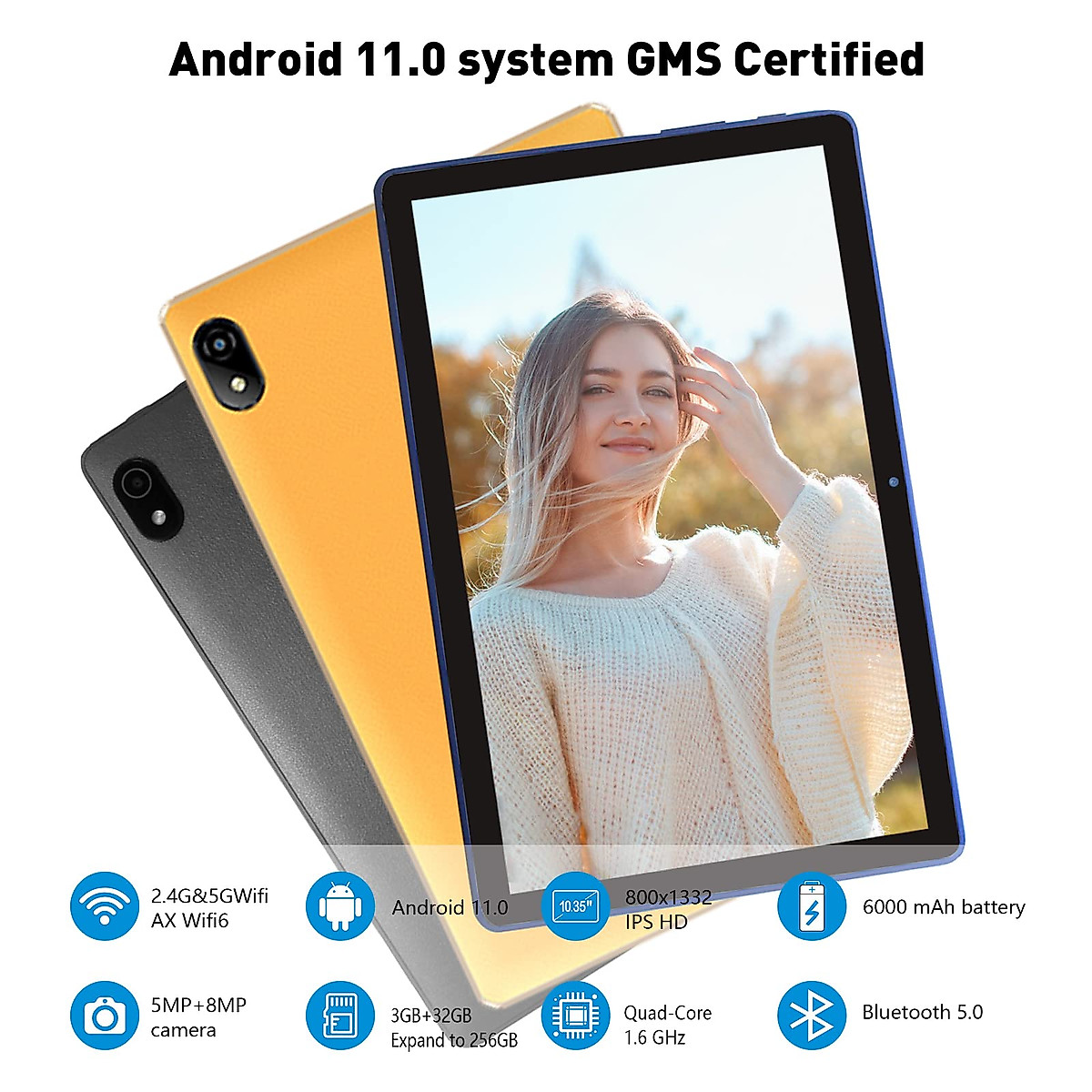 Android 11 Tablet 10 Inch, AX WiFi 6 Tablet+2.4&5GWifi,3GB RAM 32GB ROM Storage,IPS HD 1332x800 Screen,Quad Core Processor, 5MP+8MP Camera,Bluetooth 5.0,6000 mAh Battery,Leather Fine Grain(Blue)