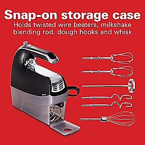 Hamilton Beach Electric Hand Mixer with Snap-On Case, Twisted Wire Beaters, Milkshake Rod, Dough Hook, Whisk, 6-Speed, Black