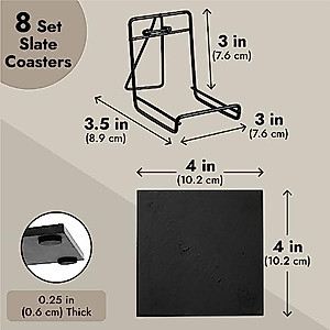Set of 8 Square Black Slate Coasters with Holder for Coffee Table (4x4 in)