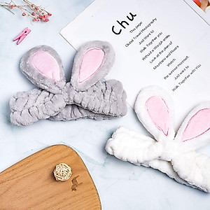 Whaline 4 Pack Easter Bunny Makeup Headband Rabbit Ear Spa Hair Band Coral Fleece Elastic Head Wrap Stretchy Headband for Party Face Washing Beauty Shower Women Girls (Blue, White, Gray, Purple)