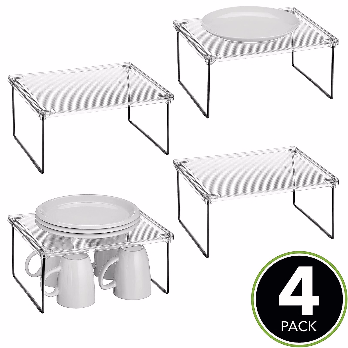 mDesign Metal Stacking Storage Organization for Kitchen Cabinet Shelves in Pantry, Cupboard, Fridge/Freezer - Organizer Stand for Plates, Bowls, Mugs, Ligne Collection, 4 Pack, Clear/Matte Black
