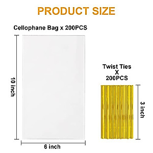 Artby7 Easter Gift Bags 200 Pcs 6x10 Inch Clear Cello/Cellophane Easter Bags for Candy, Card, Stickers, Treat, Bakery, Cookie, Candies, Dessert, Party Favors with Gold Twist Ties