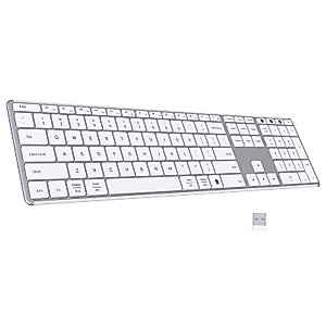 AUSDOM White Wireless Full Size Keyboard: Bluetooth Multi-Device USB Cordless Slim Quiet Keyboard with Numberpad, Rechargeable Noiseless Silent Universal Flat Keyboard for Mac iMac MacOS PC Computer