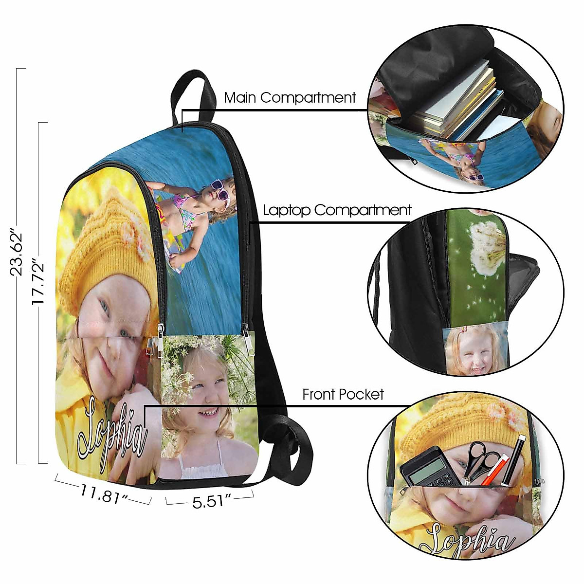M YESCUSTOM Personalized Casual Backpack with Photos Customized Name Children School Bookbags for Kids Teen Audlt, Knapsack Lightweight Travel Daypack Bag for School College Camping