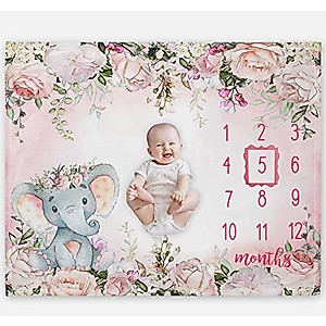 Popfavors Yuzioey Baby Girl Monthly Milestone Blanket, Floral Elephant Month Blanket for Newborn Baby Shower, Pink Elephant Girl Flower Blanket Growth Chart Monthly Blanket, Includes Marker (50x40)