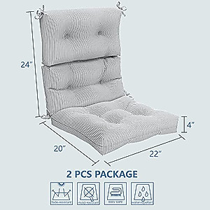 LVTXIII Outdoor 44x22-inch High Back Chair Cushions, Patio Solid Tufted Adirondack Chair Seat Cushions, Seasonal Replacement Rocking Chair Cushion with Ties, Set of 2, Strip Grey