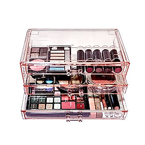 Ikee Design Acrylic Jewelry Makeup Storage Drawer Organizer, 3 Pieces Storage Set for Home Storage and Office Stationary Drawers, Pink Color, 9.38" W x 5.38" D x 12.75" H