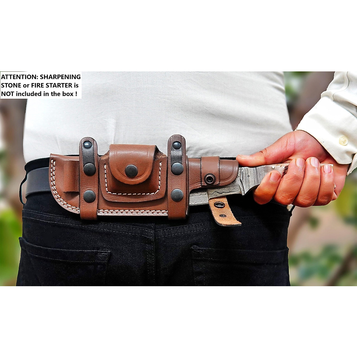 Ottoza Tracker Knife & Ram Horn Handle - Damascus Hunting Knife - Horizontal Carry Knife Sheath 262