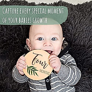 Beautiful Baby Monthly Milestone Cards - The Perfect Newborn Photography Props to Document Your Baby´s Growth - 10 Reversible Wooden Circles/Discs incl. Announcement & Hello World Sign