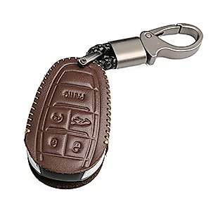 WFMJ Leather for Alfa Romeo Giulia 4C Spider Stelvio 2017-2022 Remote Smart 5 Buttons Key Fob Case Cover Keychain Chain (Brown)