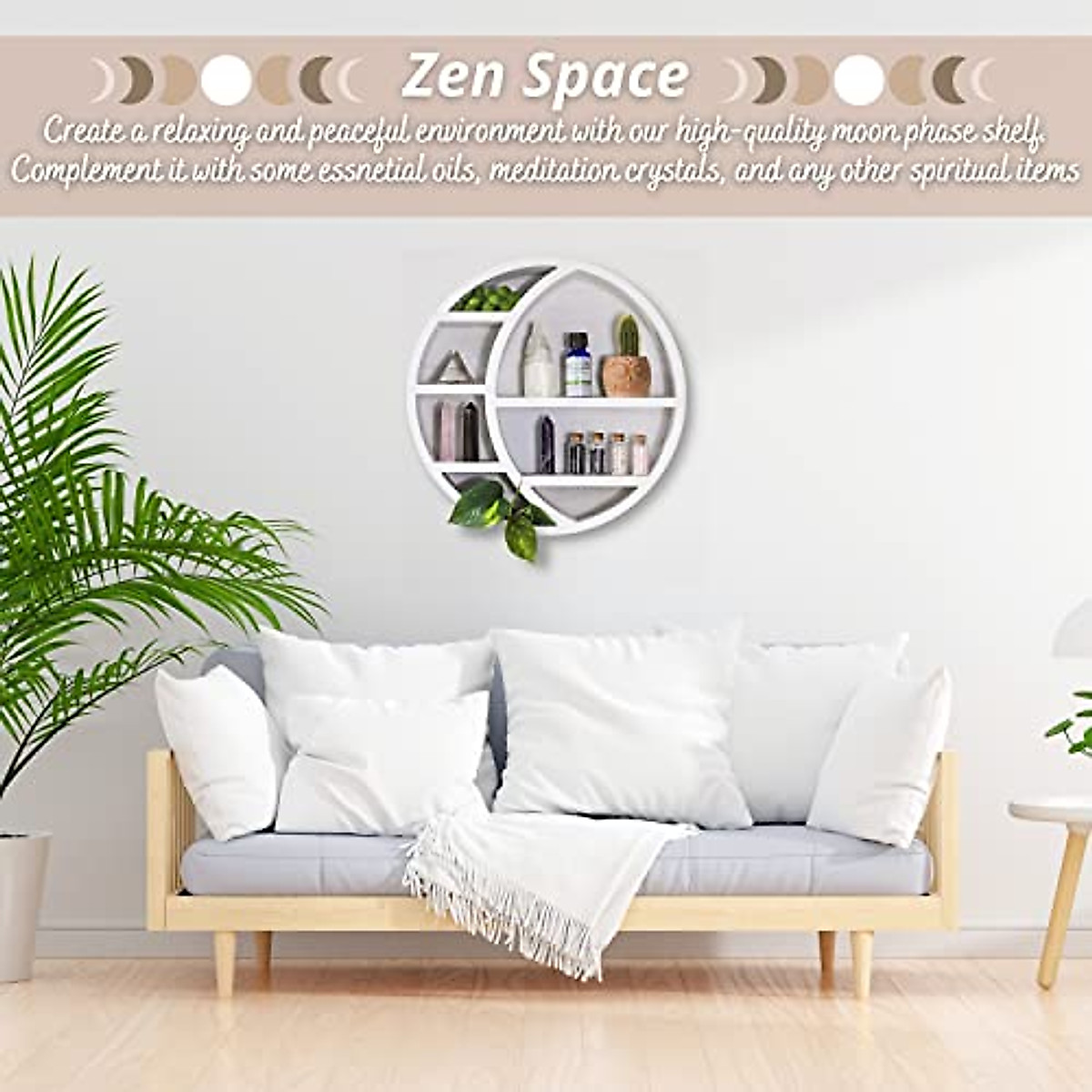 CNF Concepts Crescent Moon Shelf – Wooden with Rose Quartz Crystal Rustic Display for Healing Crystals, Essential Oils Wall-Mounted Home Decor, White