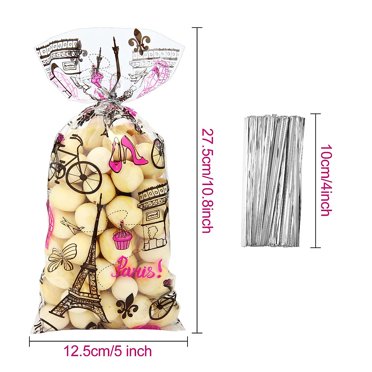 100 Pieces Paris Cellophane Treat Bags, Clear Plastic Pink Eiffel Tower Candy Goodie Bags with 100 Silver Twist Ties for Day in Paris Party Supplies