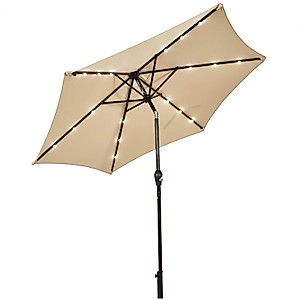 Tangkula 9FT Solar Powered LED Lighted Patio Umbrella, Table Market Umbrella with Tilt and Crank, Outdoor Umbrella with 6 Sturdy Ribs for Garden, Deck, Backyard & Pool (Beige)