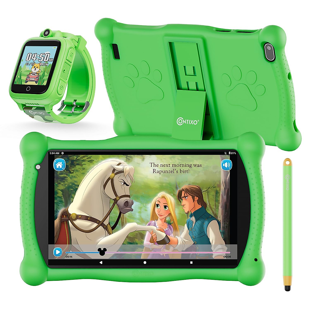 Contixo Kids Tablet, V10 7 Inch Tablet for Kids and Smart Watch Bundle, 2GB 32 GB Toddler Tablet with Bluetooth, with Smart Watch/Touch Screen, Camera, Video and Audio Recording, MP3 Player-Green