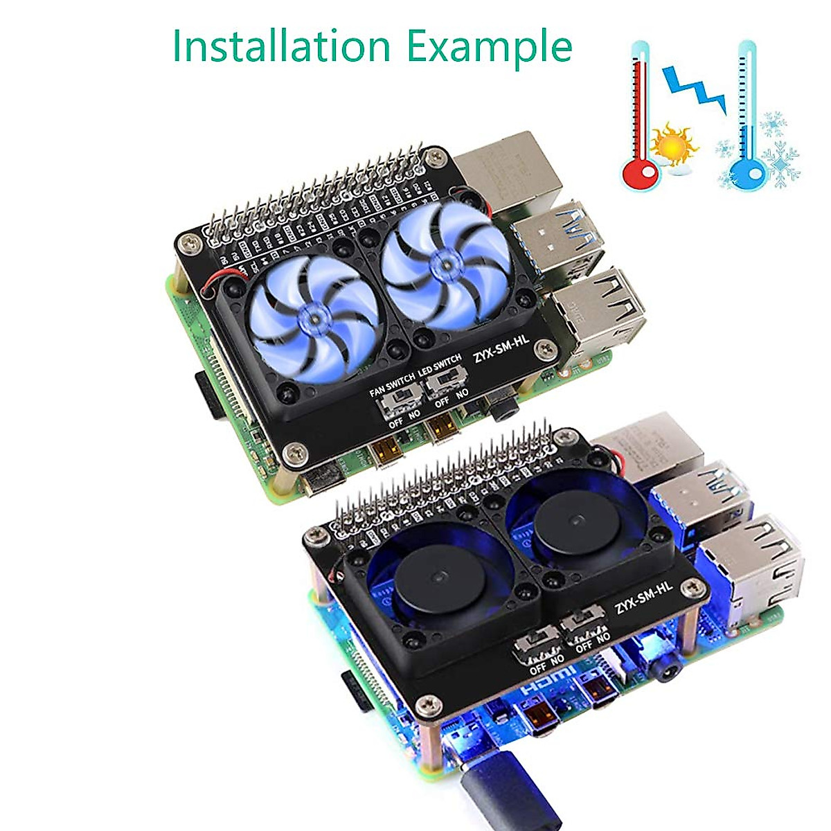 Raspberry Pi Fan 4B Dual Cooling Fans and Automatic Discoloration LED, Raspberry Pi GPIO Expansion Board for Raspberry Pi 4B / 3B+ / 3B / 3A+