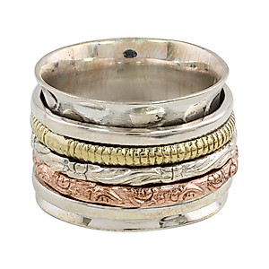 NOVICA Artisan Handmade Sterling Silver Meditation Spinner Ring Copper Brass Textured No Stone India Bohemian [band Width 14 mm W] ' Five Senses'