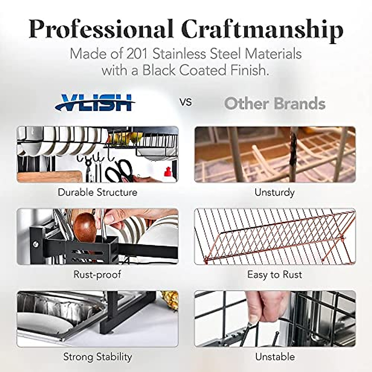 Vlish Over The Sink 2 Tier Dish Drying Rack - Expandable Length 35-42in | Space-Saving, Rust-Resistant, Non-Slip Foot Rubber | Stainless Steel Kitchen Counter Drainer Organization Storage Shelf