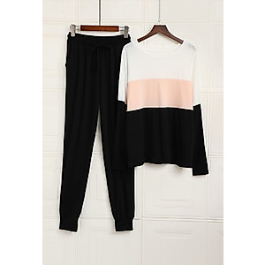 Fixmatti Women 2 Piece Outfit Long Sleeve Colorblock Shirt Pant Set Jogging Sweatsuit Black M